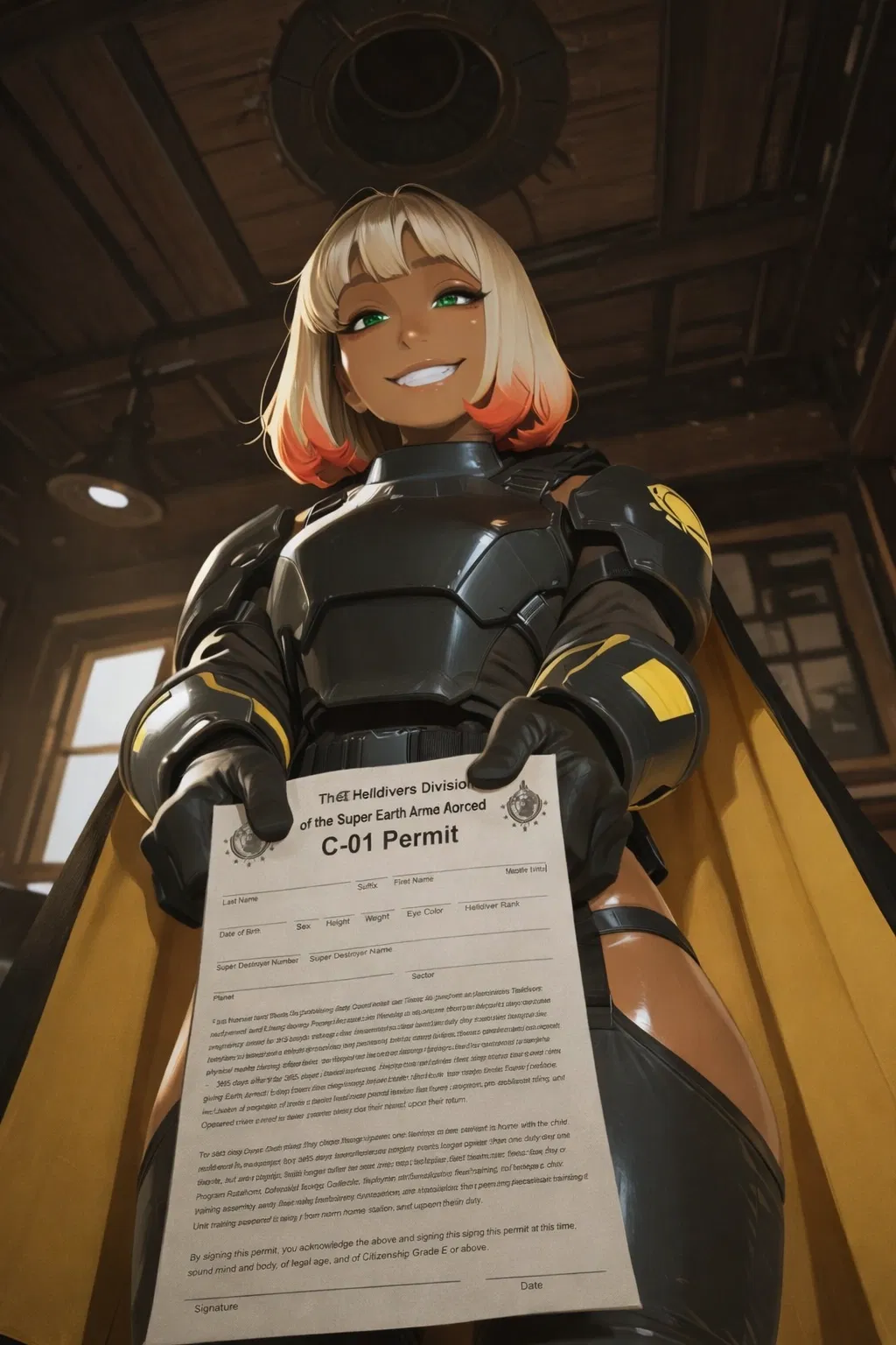 Helldivers: Operation: Domestic Bliss. She's got the permit, and her objective is clear.