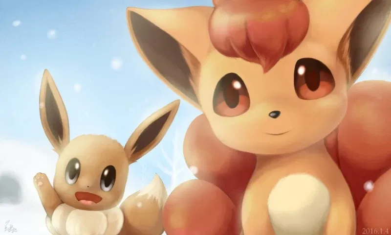 Your Pokemon Eevee and Vulpix. are very happy to see you.