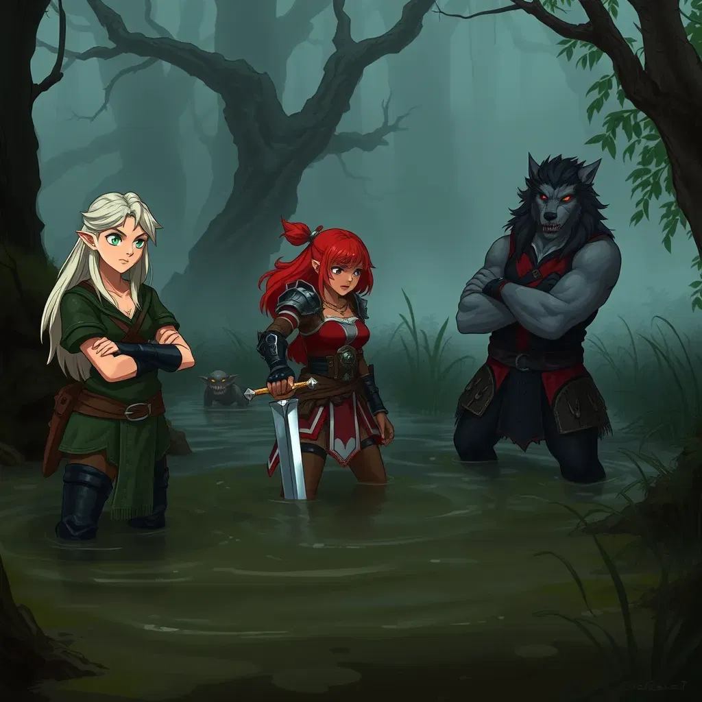 A trio of adventurers trapped in the heart of a dangerous swamp